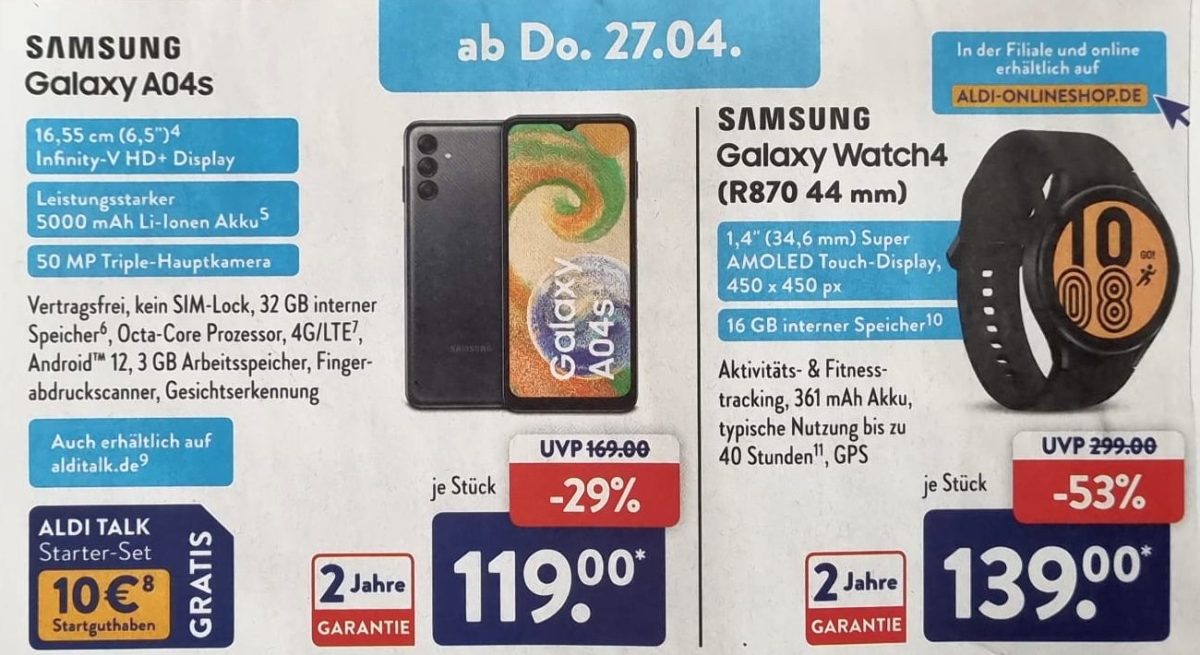 Aldi: Samsung Galaxy Watch und A04s im Onlineshop – Discountfan.de